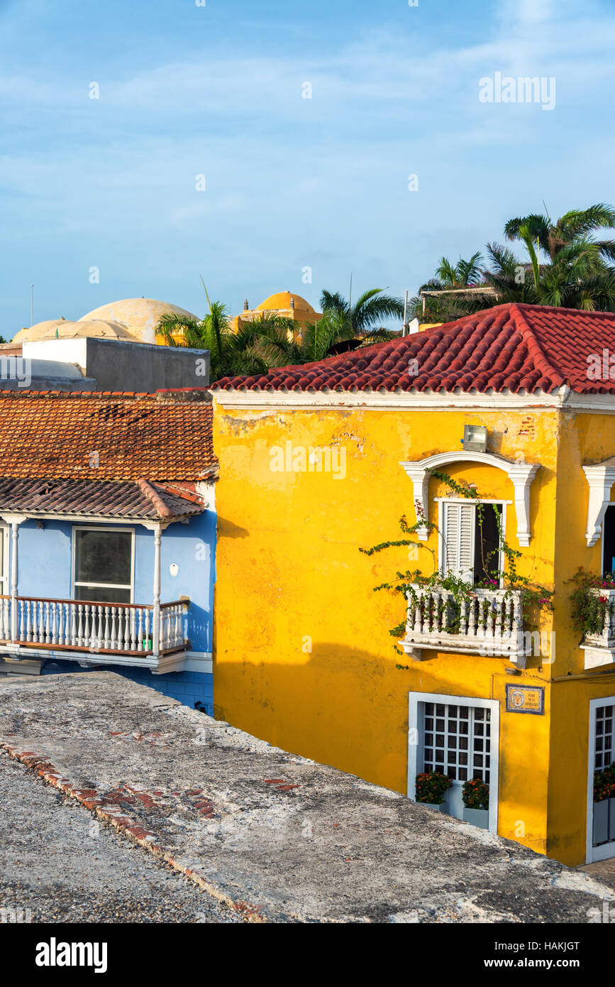 View of historic colonial buildings as seen from the wall of Cartagena ...