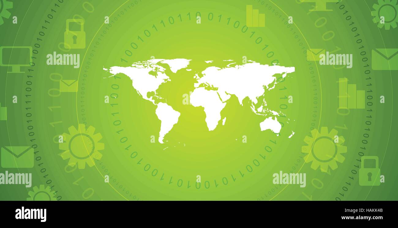 Global communication green tech abstract design. Bright technology vector background with world ...