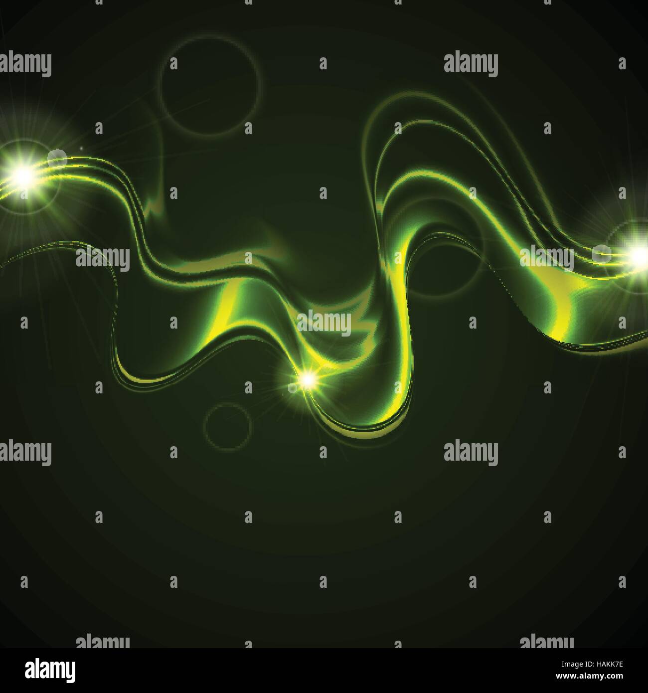 Glowing green neon waves on black background with lens flare. Vector ...