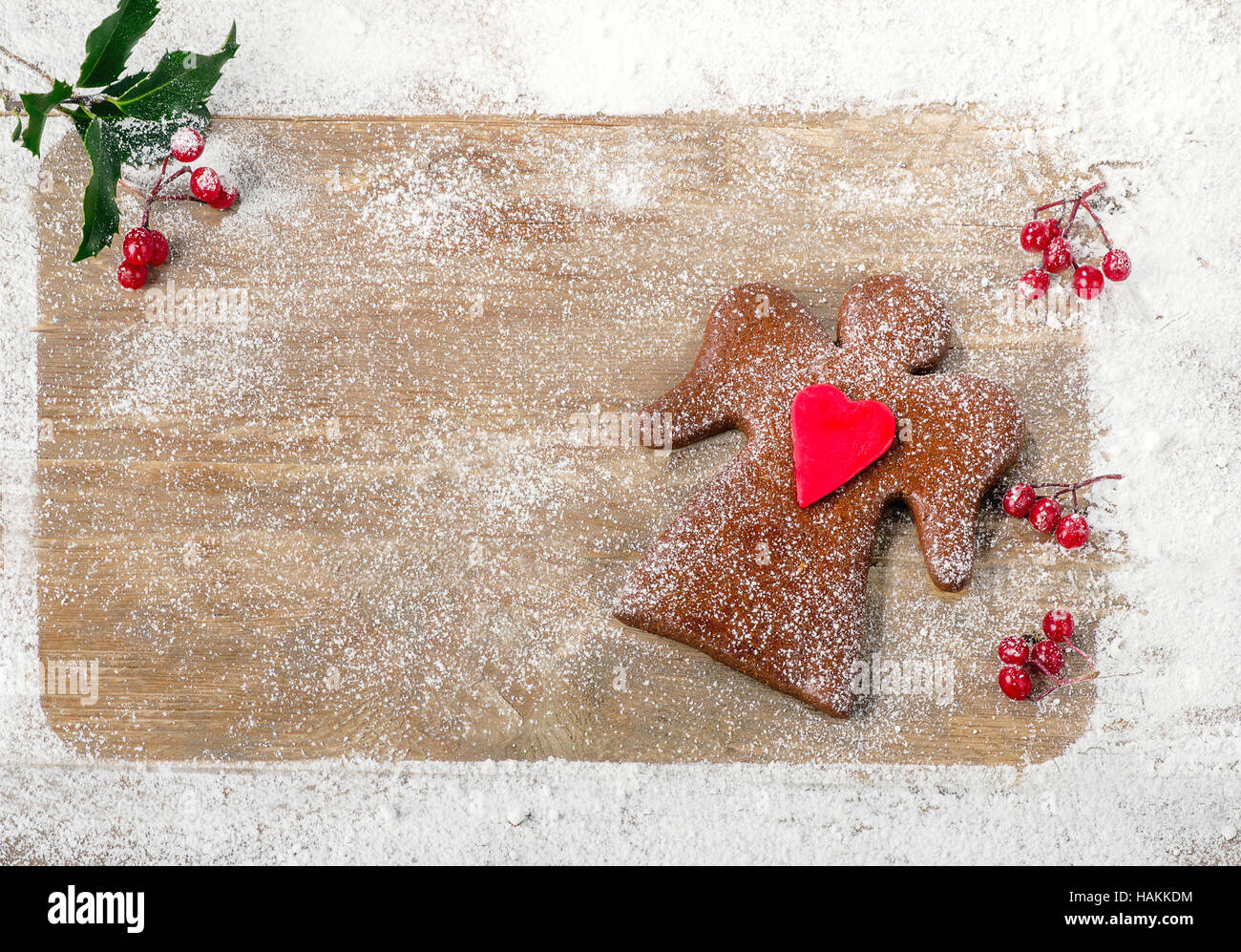Christmas Gingerbread Angel on a rustic wooden background. Top view ...