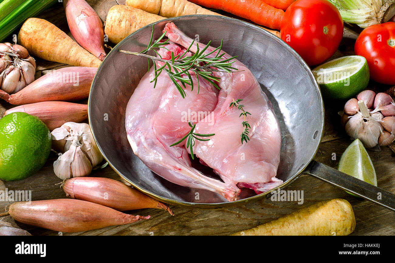 Raw rabbit legs in a vintage pan Stock Photo - Alamy