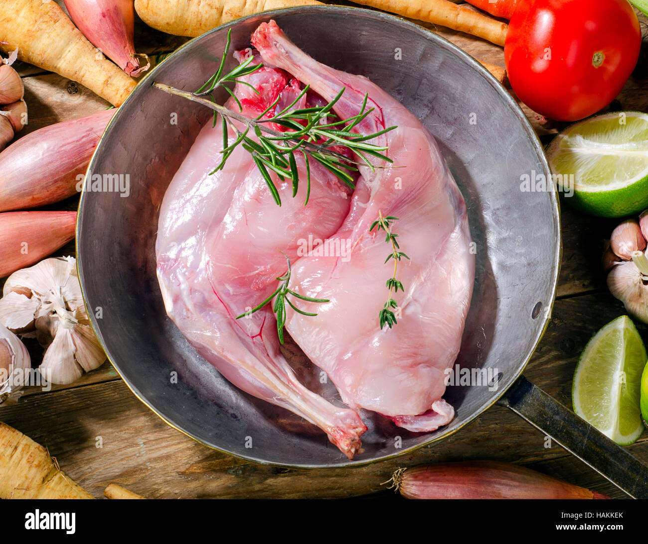 Raw rabbit legs in pan. Top view Stock Photo - Alamy