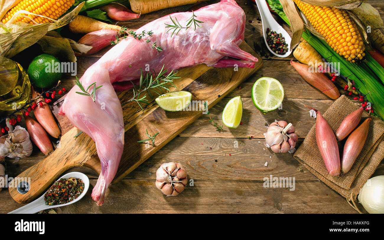 Raw whole rabbit with vegetables and fresh herbs on a dark rustic ...