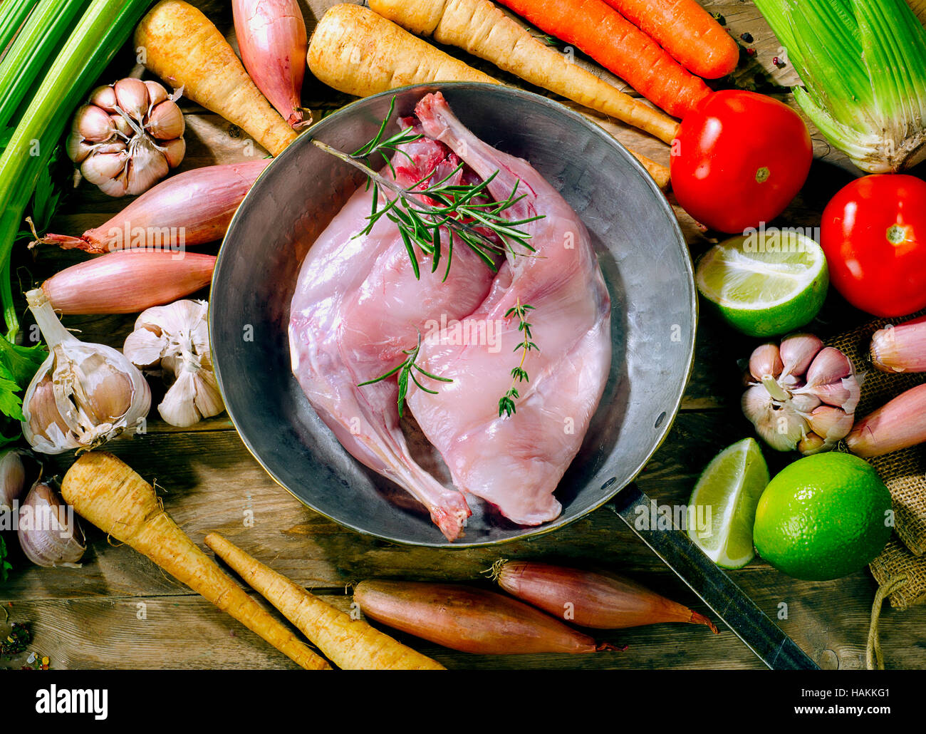 Raw rabbit legs in vintage pan. Top view Stock Photo - Alamy