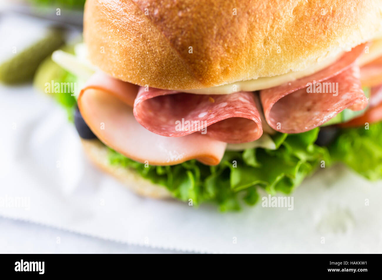 Sub sandwich with fresh vegetables, lunch meat and cheese on hoagie ...