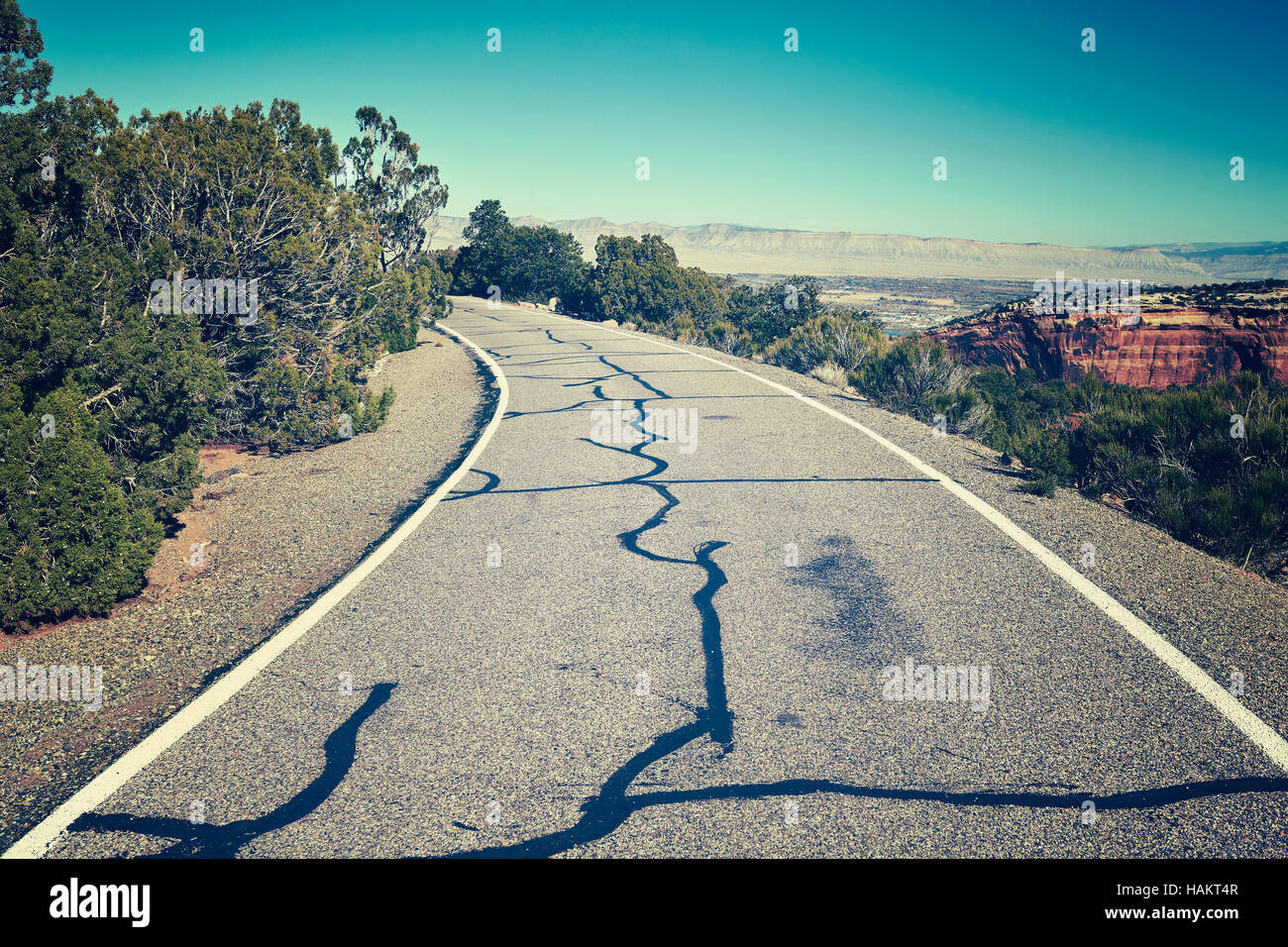 Retro stylized scenic road, travel concept background, Colorado, USA ...