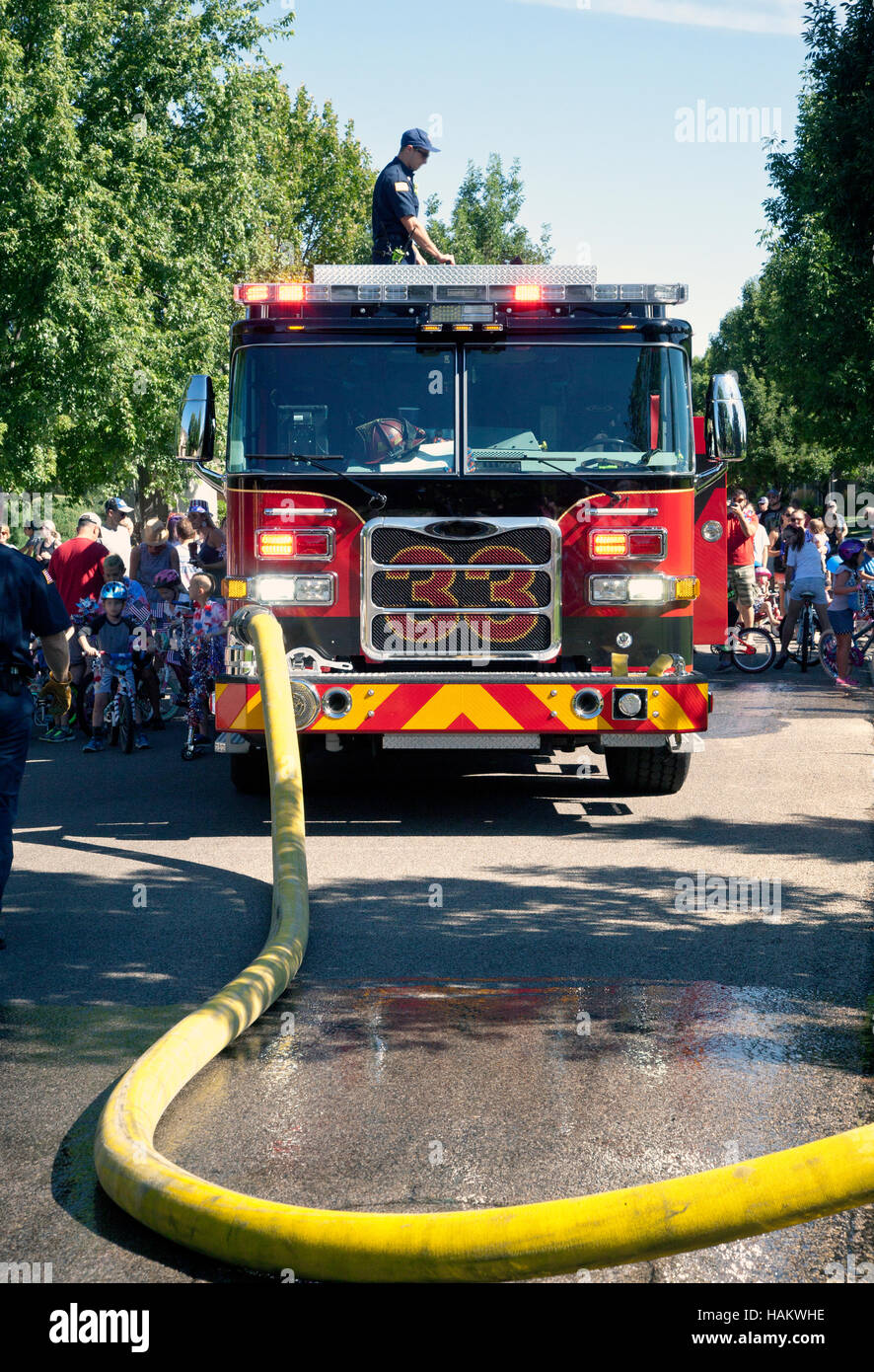 Fire engine demonstration on July Fourth, US, 2016 Stock Photo - Alamy