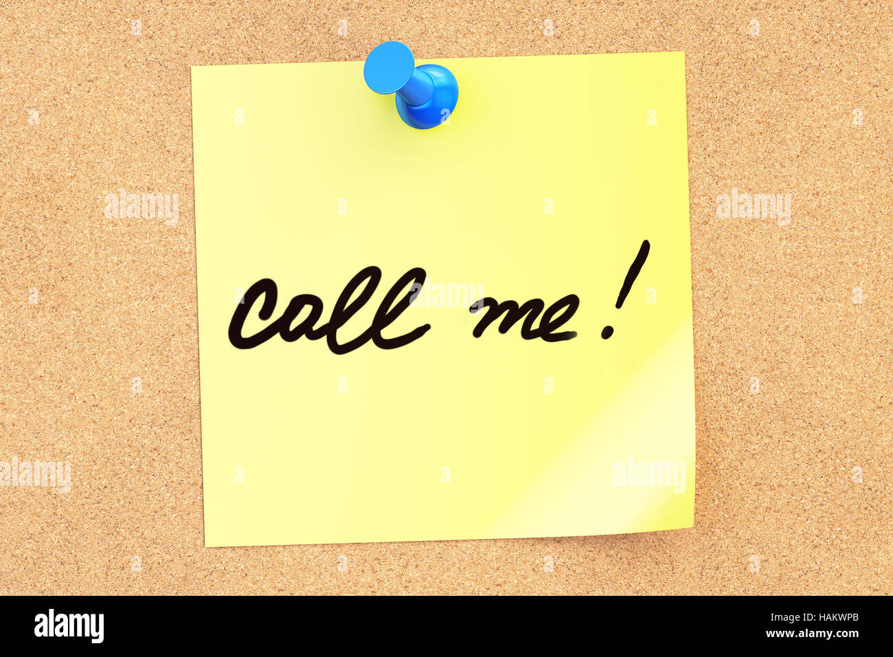 Call me! Text on a sticky note pinned to a corkboard. 3D rendering ...