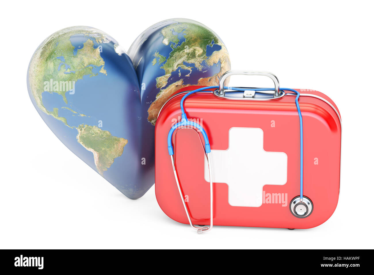First aid kit with stethoscope and heart. World Heart Day concept. 3D ...