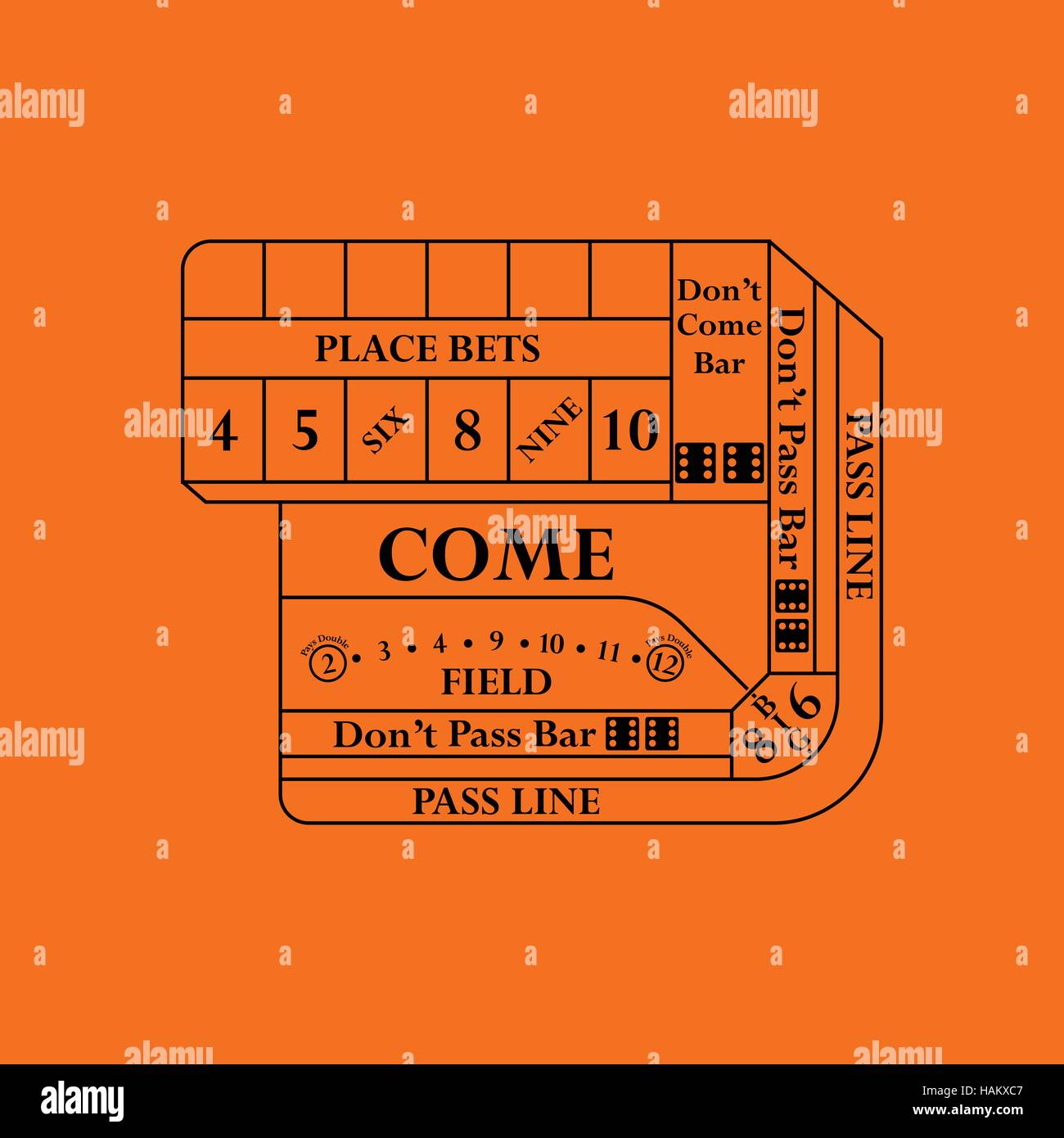 Craps table icon. Orange background with black. Vector illustration ...