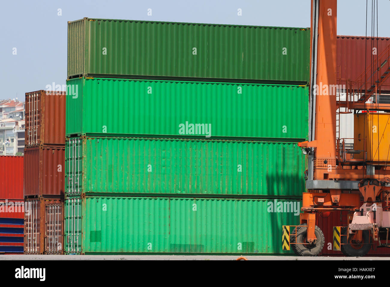 Containers waiting to transfer in a port Stock Photo - Alamy