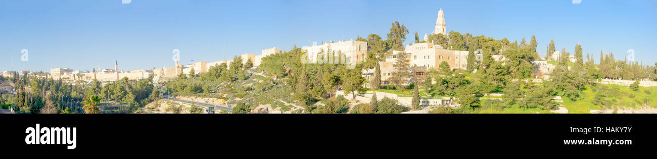 Panoramic view of the old city of Jerusalem, with the wall, tower of ...