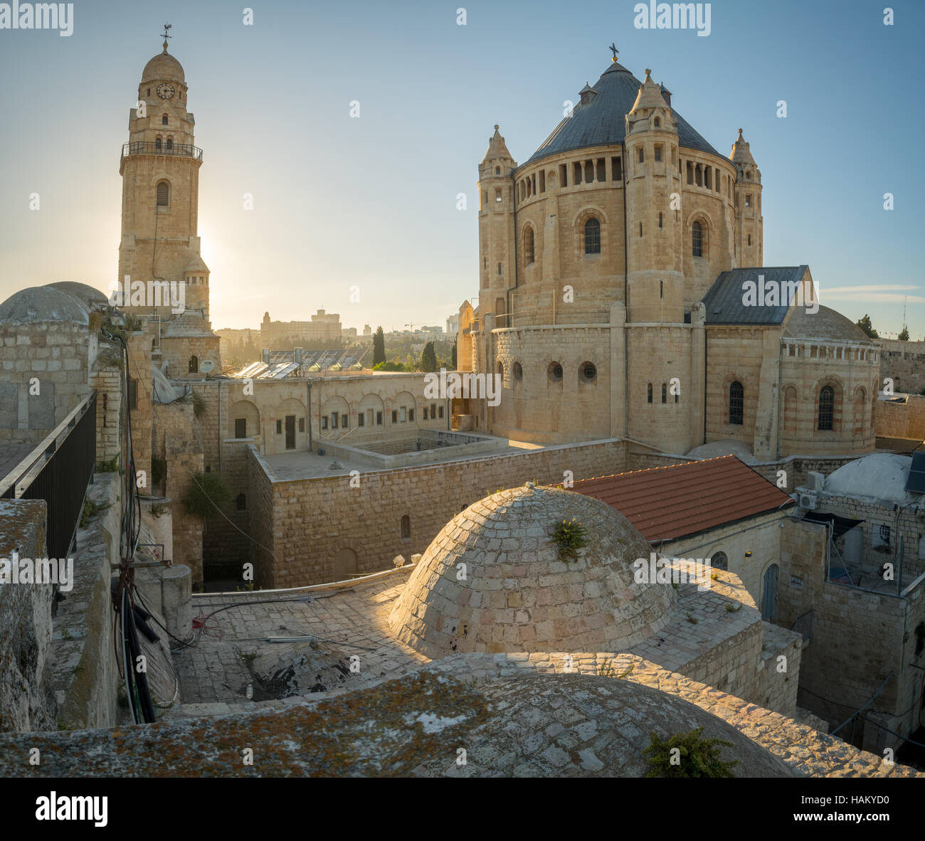 Sunset view of the Dormition abbey, in Jerusalem, Israel Stock Photo ...