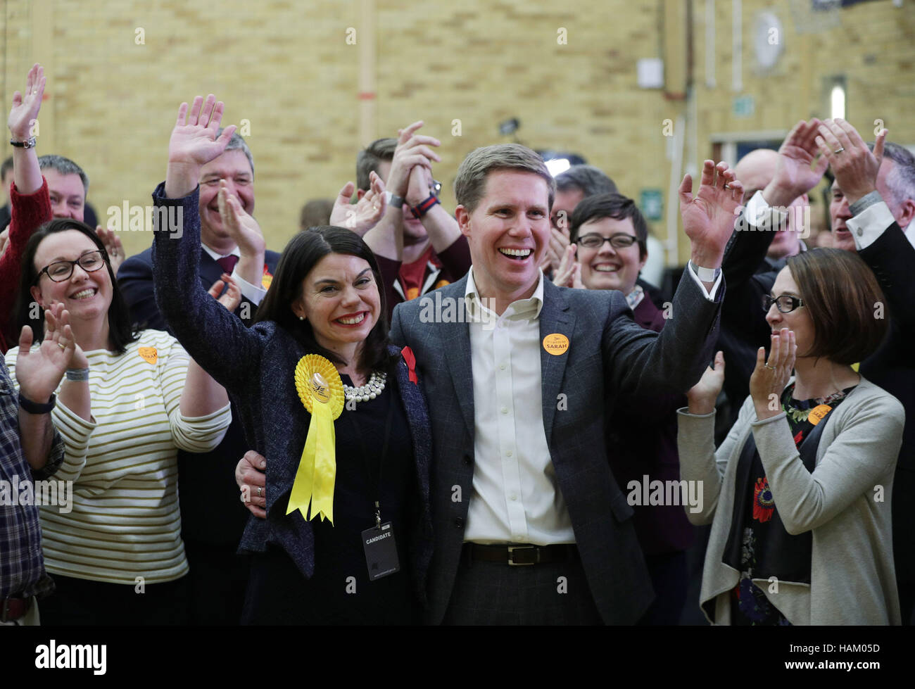 Liberal Democrat candidate Sarah Olney with her husband Ben and party ...