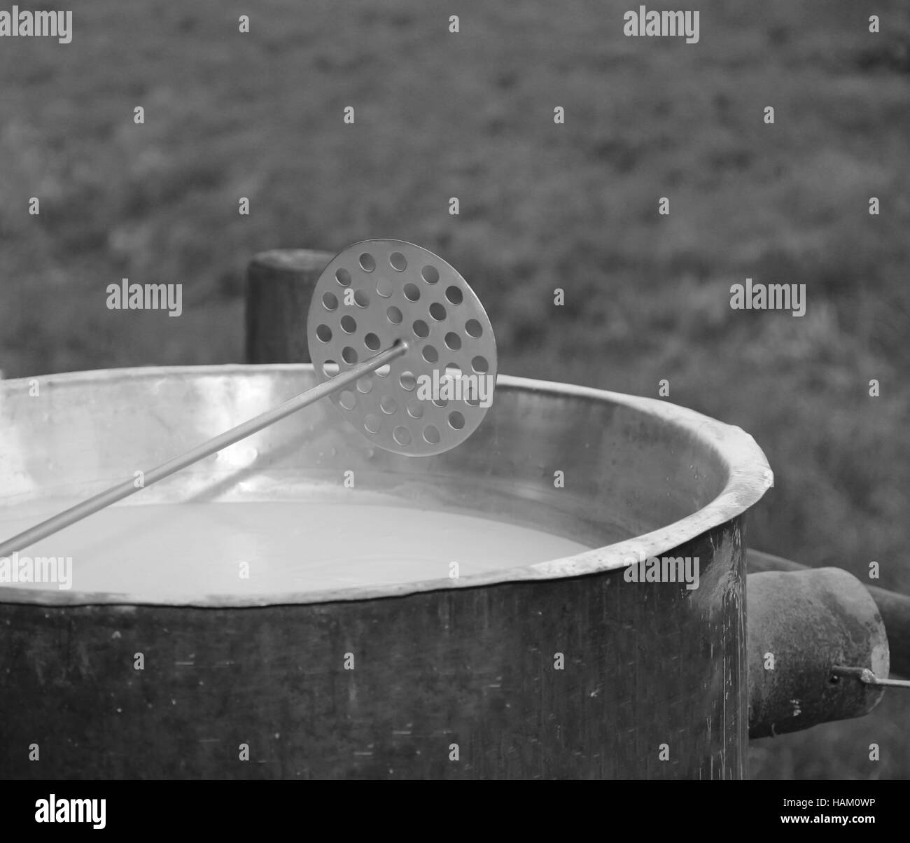 special tool to mix the curd milk in the copper cauldron to produce the ...