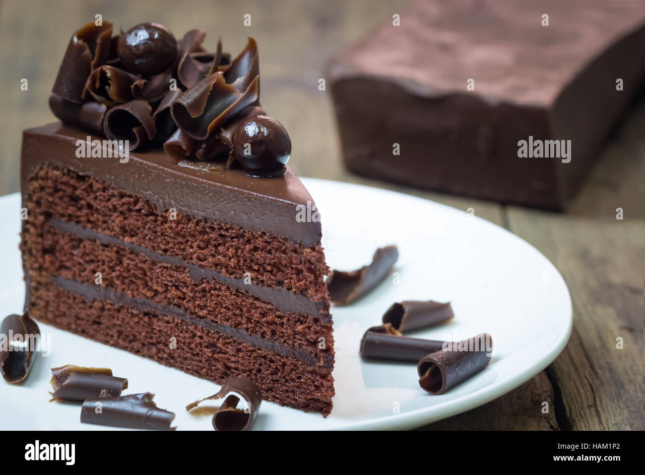 Chocolate fudge cake. Decorate with curl of dark chocolate. It looks ...