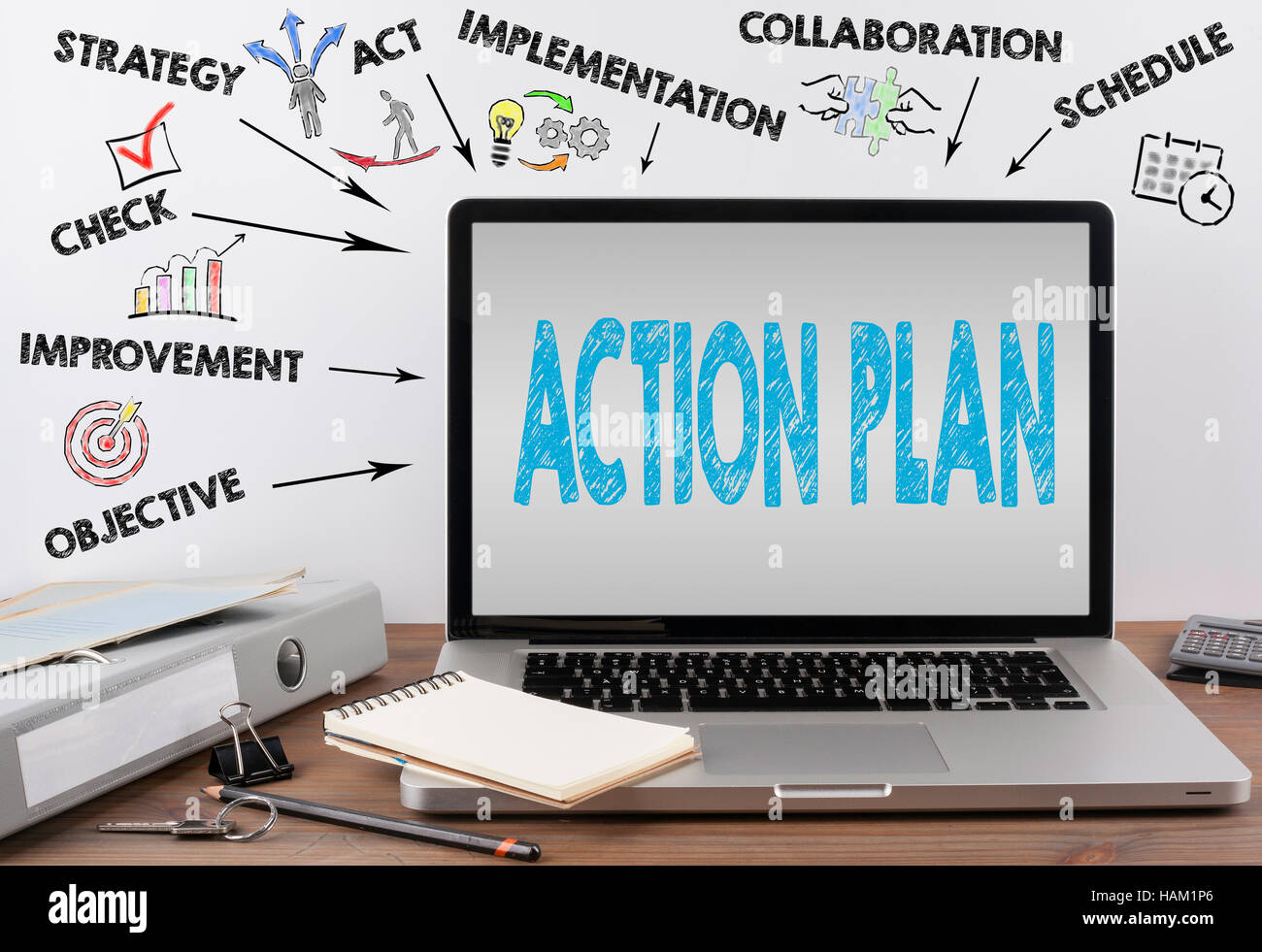 Action Plan concept. Office desk with a laptop Stock Photo - Alamy