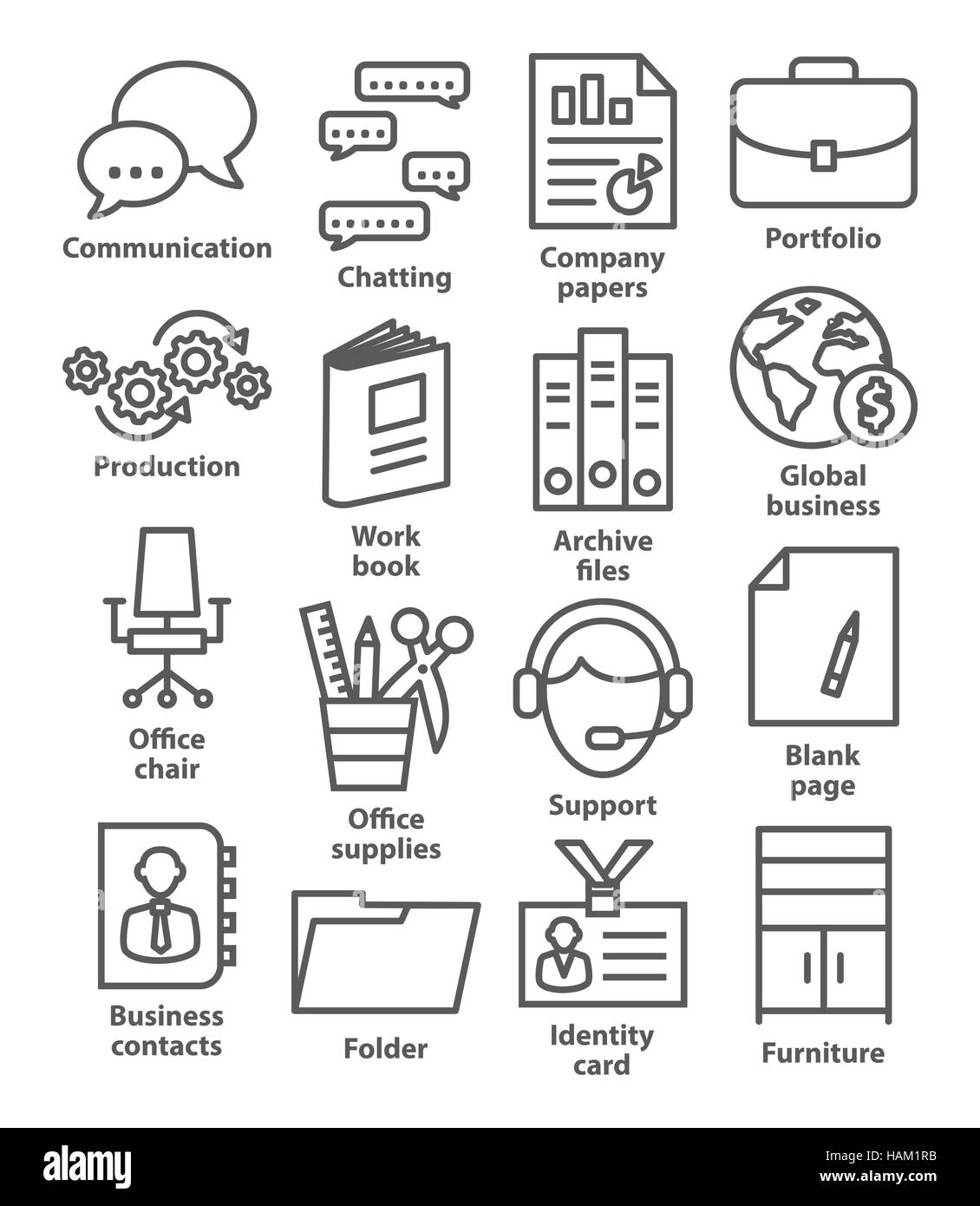 Gray Business office icons in line style on white background Stock ...