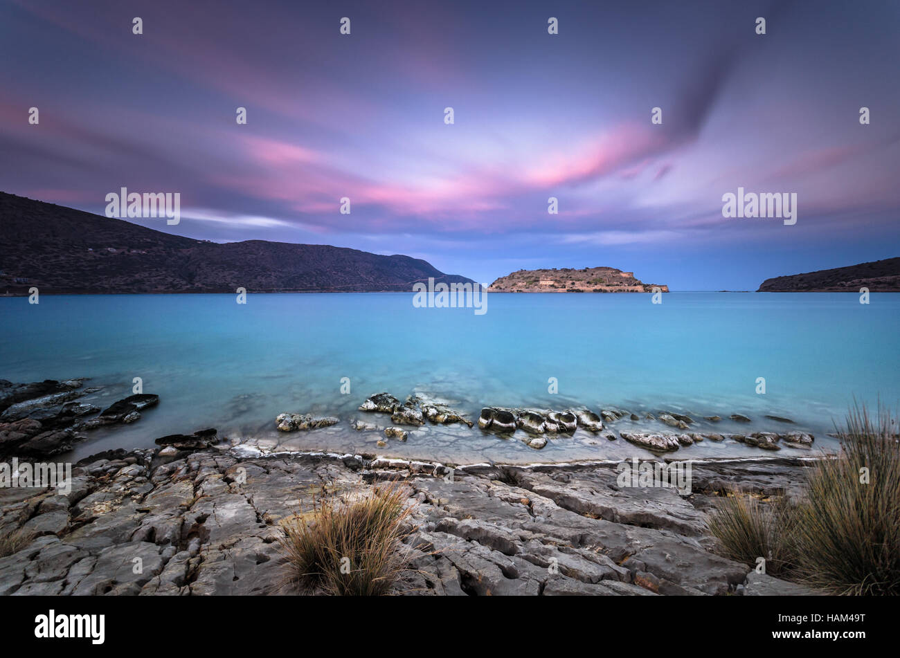 Panoramic view of Spinalonga and the gulf of Elounda Stock Photo - Alamy