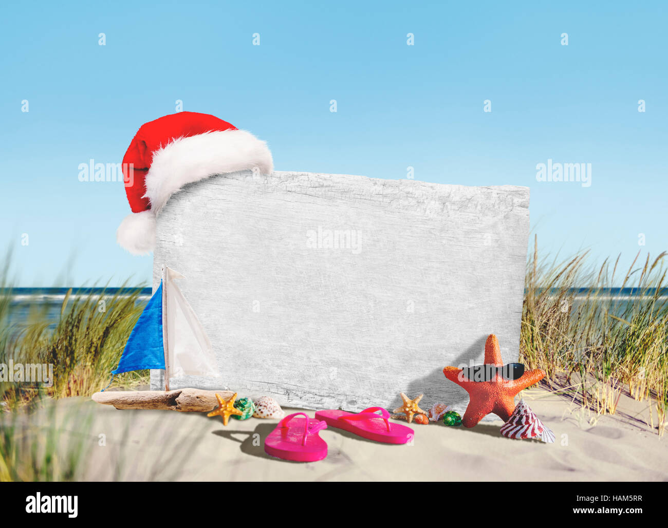 Placard Coast Grass Travel Slipper Shore Beach Sky Concept Stock Photo ...