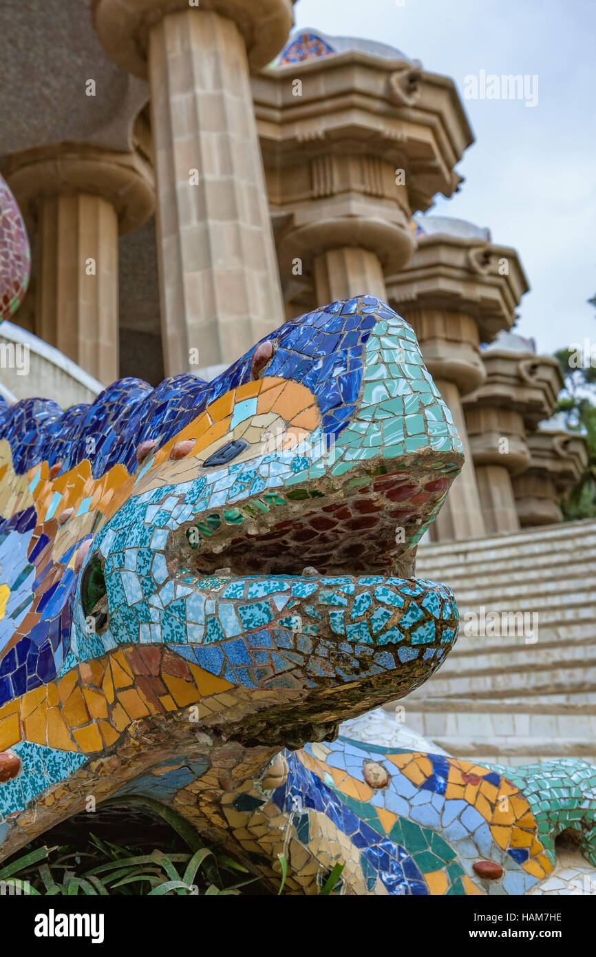Dragon salamandra of gaudi mosaic in park guell of Barcelona of Spain ...