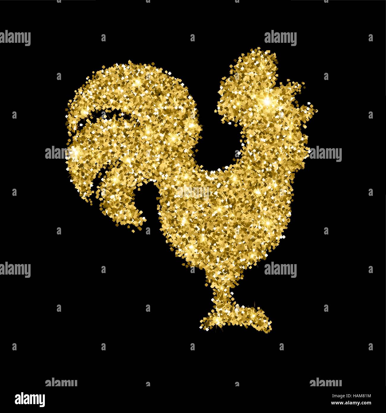 Golden glitter crowing rooster with sparkles isolated on black ...