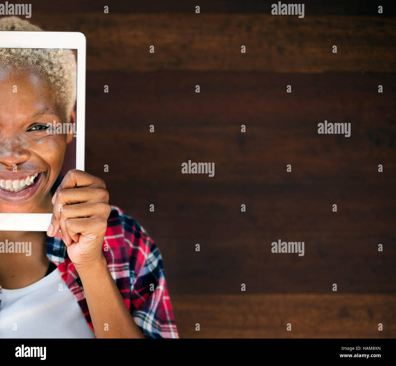 African Woman Digital Tablet Face Covered Smiling Technology Concept ...
