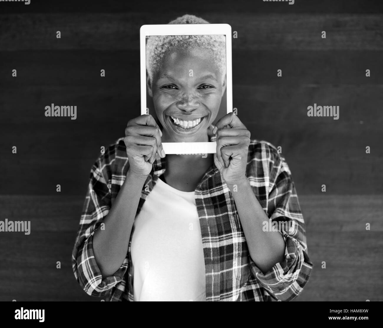 African Woman Digital Tablet Face Covered Smiling Technology Concept ...