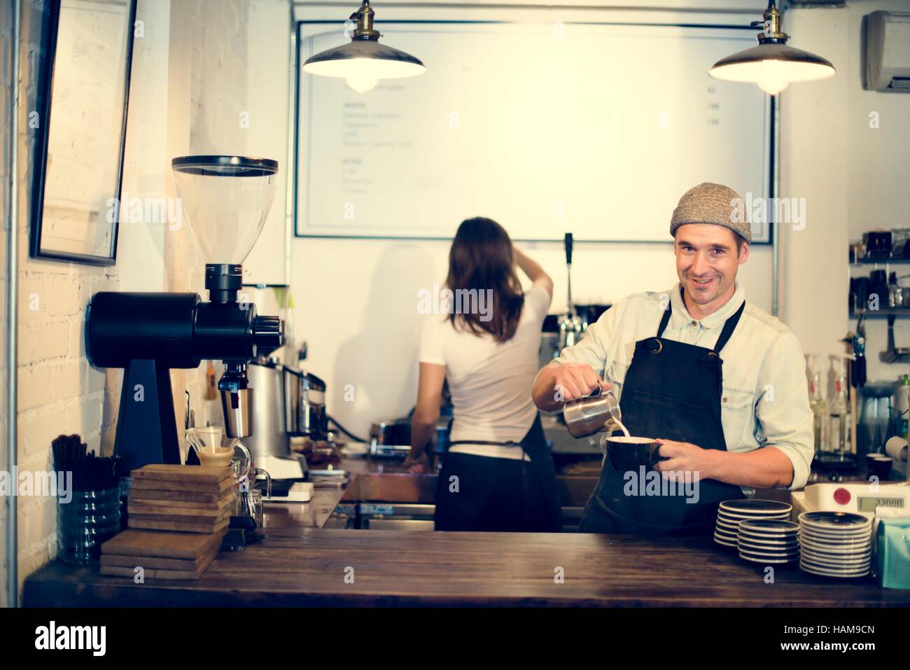 Couple Barista Coffee Shop Service Restaurant Concept Stock Photo - Alamy