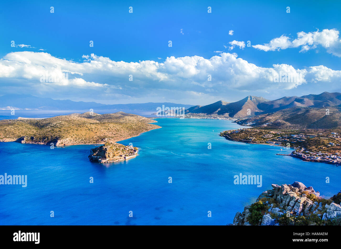 Panoramic view of Spinalonga and the gulf of Elounda Stock Photo - Alamy