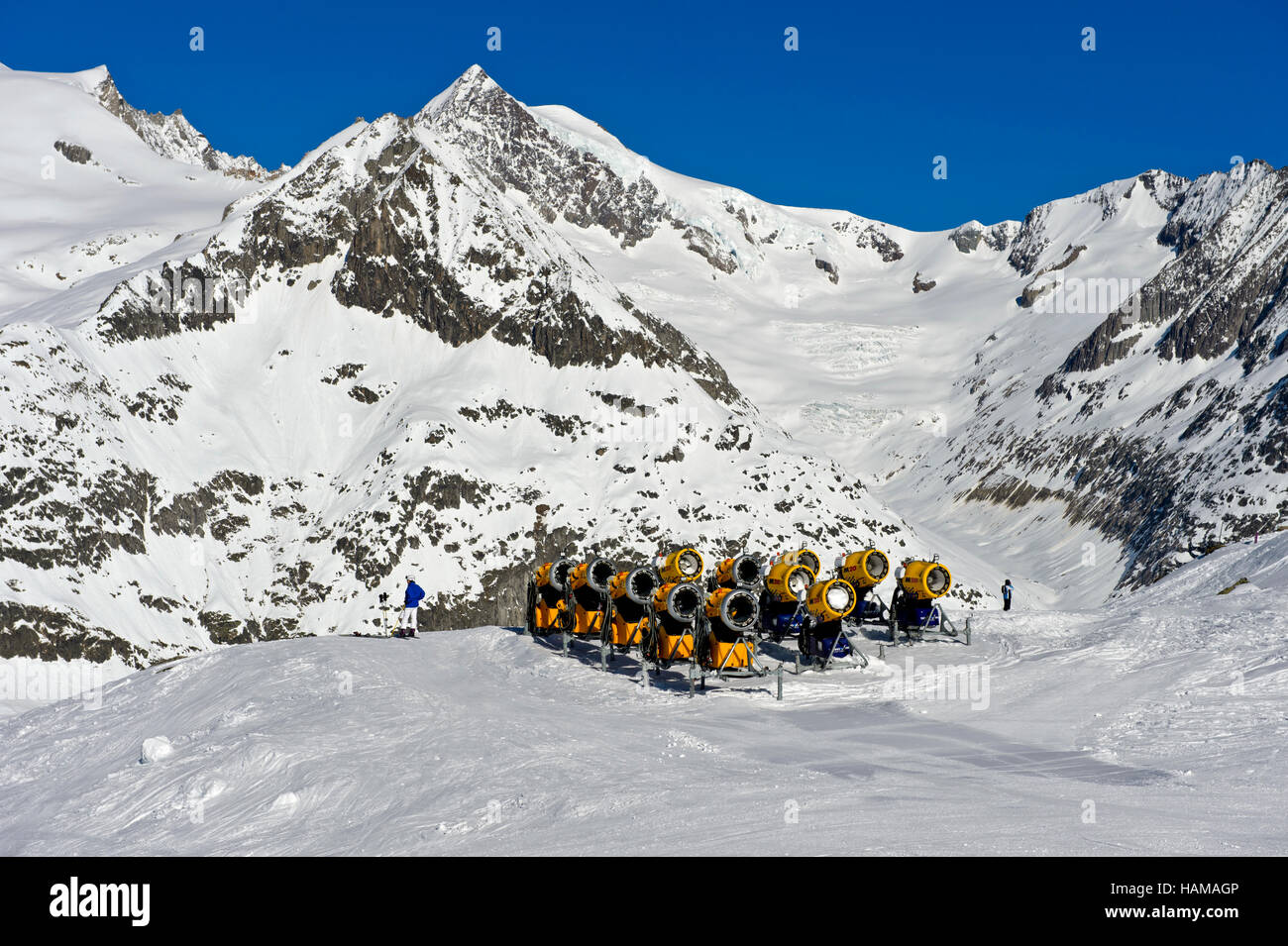 Snow cannons on ski slope, Aletsch Arena ski resort, Bettmeralp, Valais ...