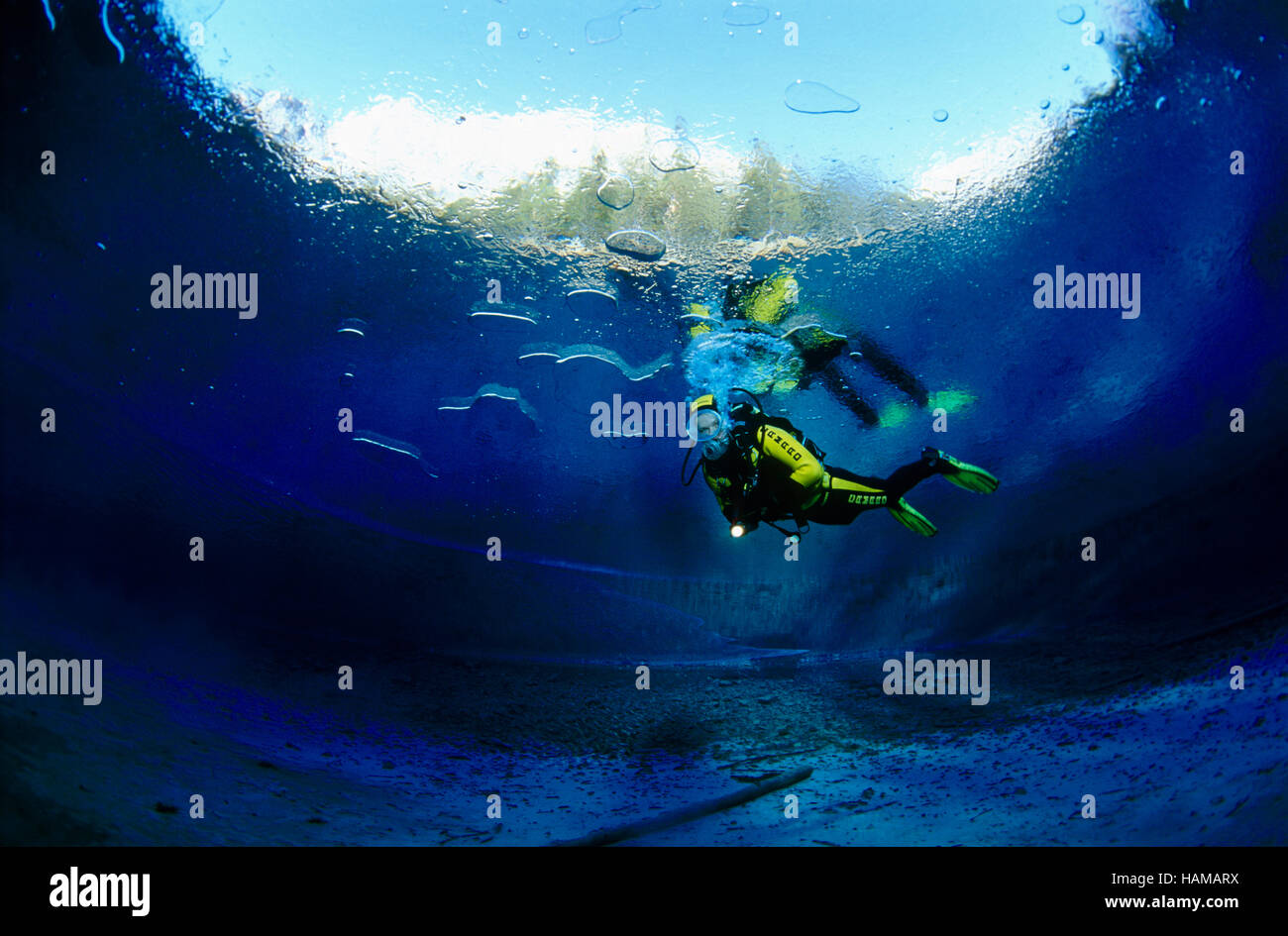 Scuba diving under the ice in Lake Gruenen See near Tragoess ...