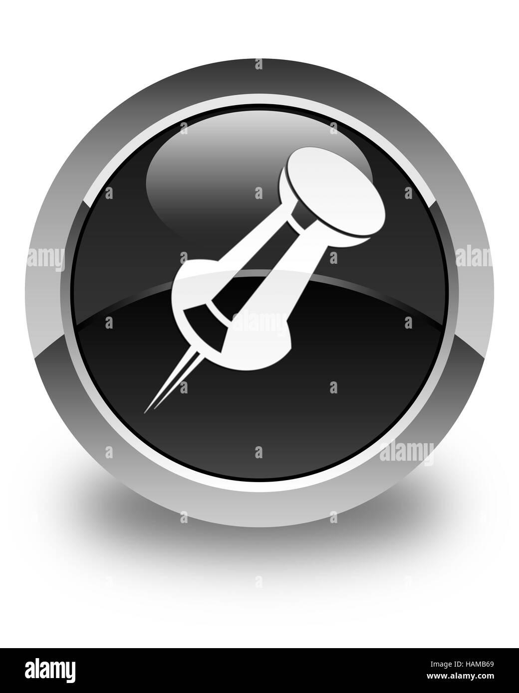Push pin icon isolated on glossy black round button abstract ...