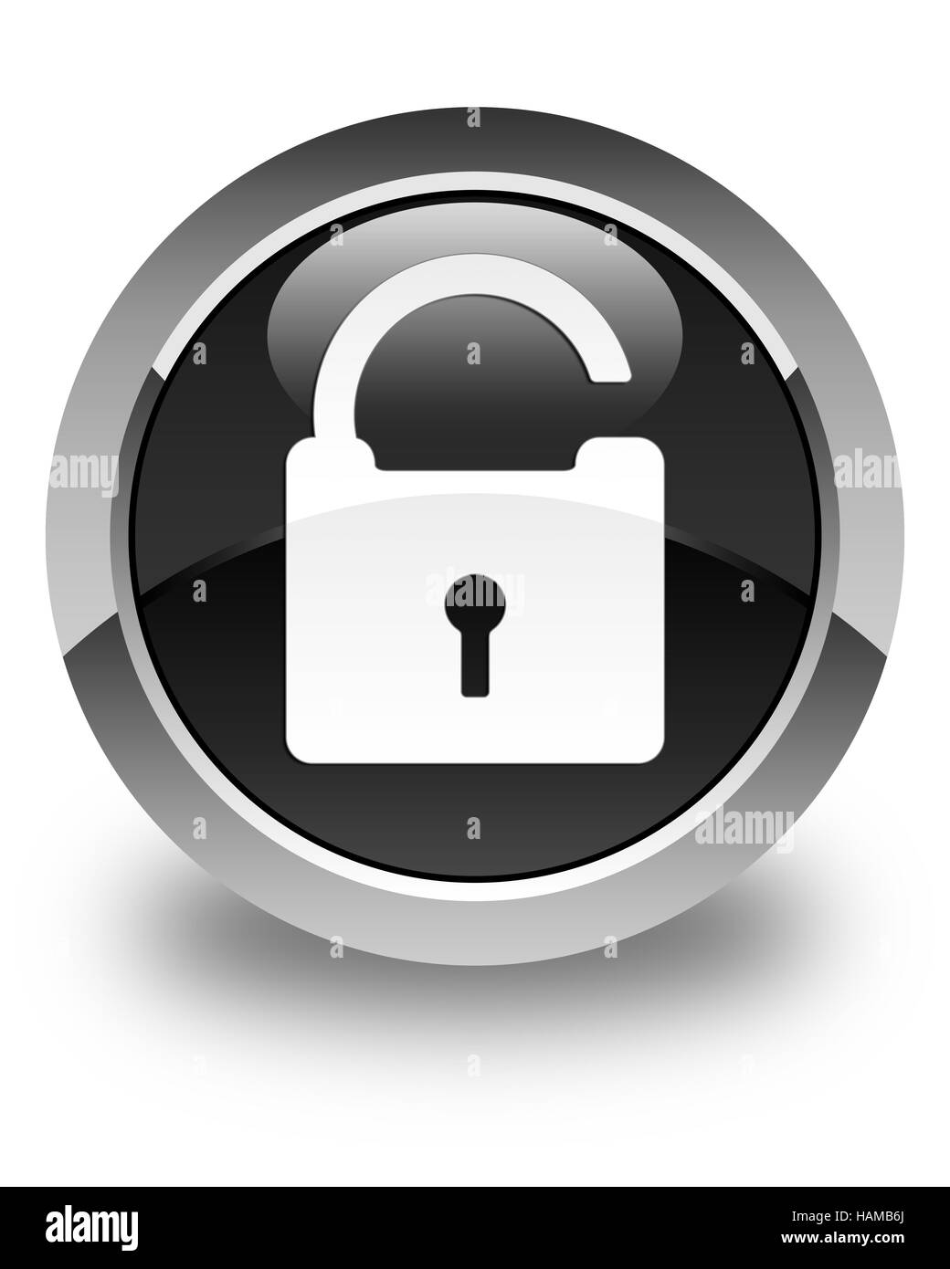 Unlock icon isolated on glossy black round button abstract illustration ...