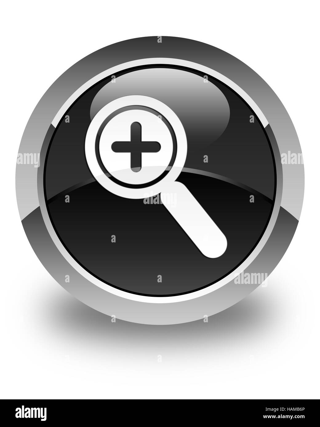 Zoom in icon isolated on glossy black round button abstract ...