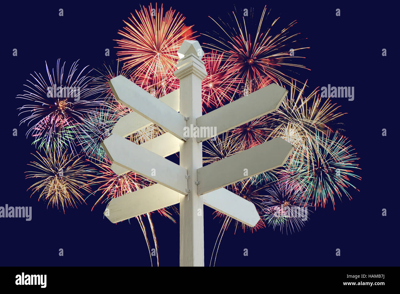direction sign with blank spaces for text with celebrate firework ...