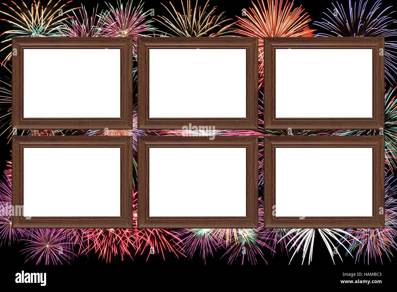 antique wooden picture frame with celebrate firework background Stock ...