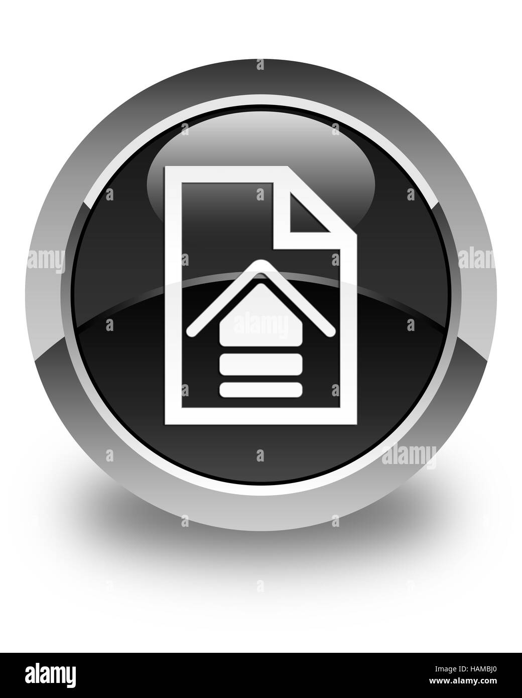 Upload document icon isolated on glossy black round button abstract ...