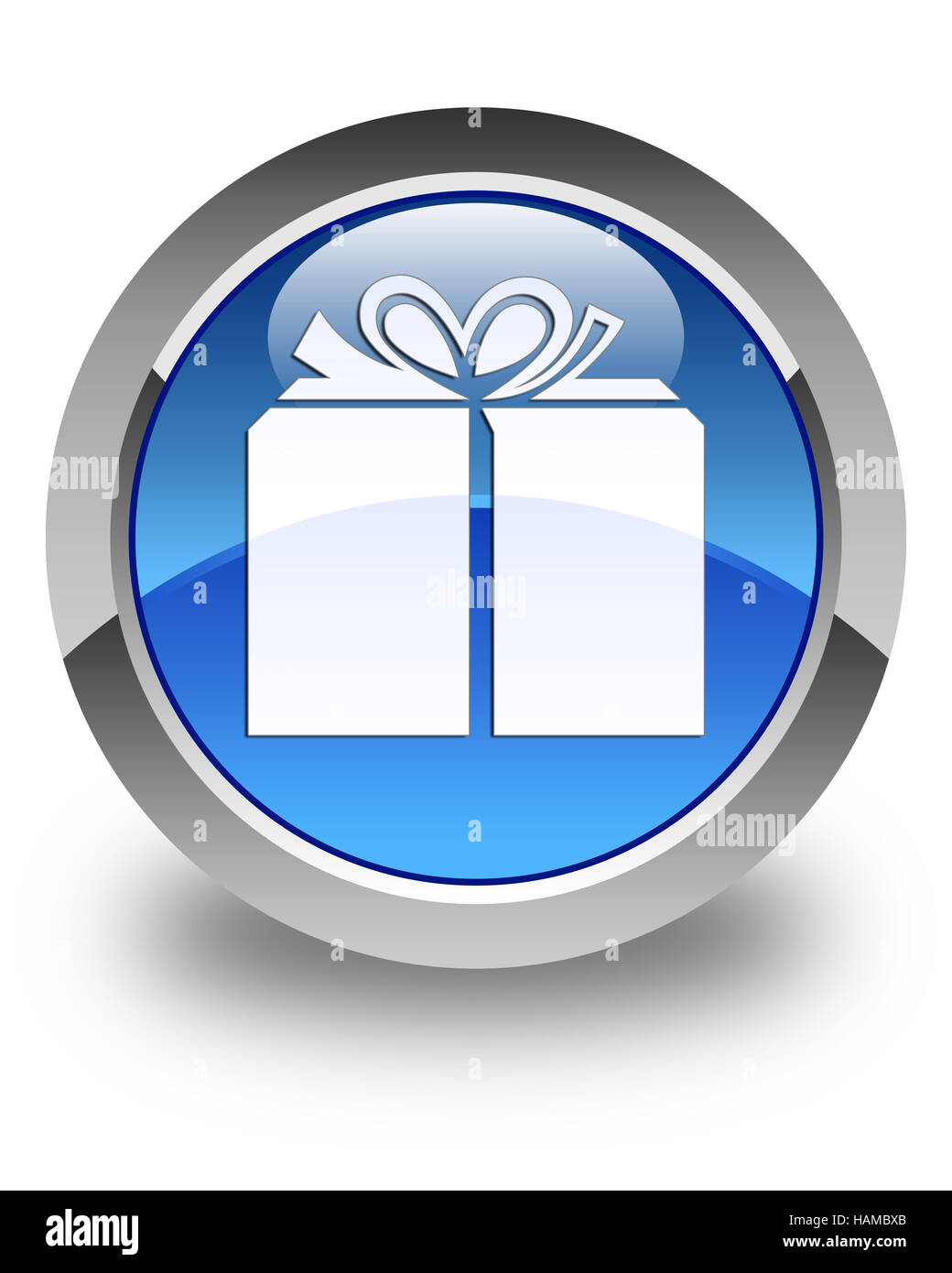 Gift box icon glossy blue round button Stock Photo - Alamy