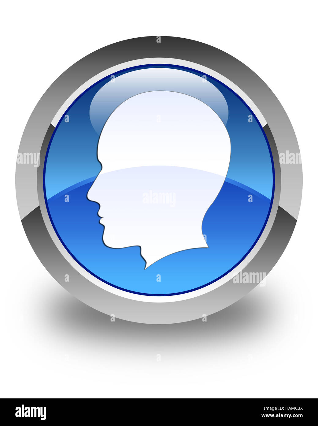 Head male face icon isolated on glossy blue round button abstract ...