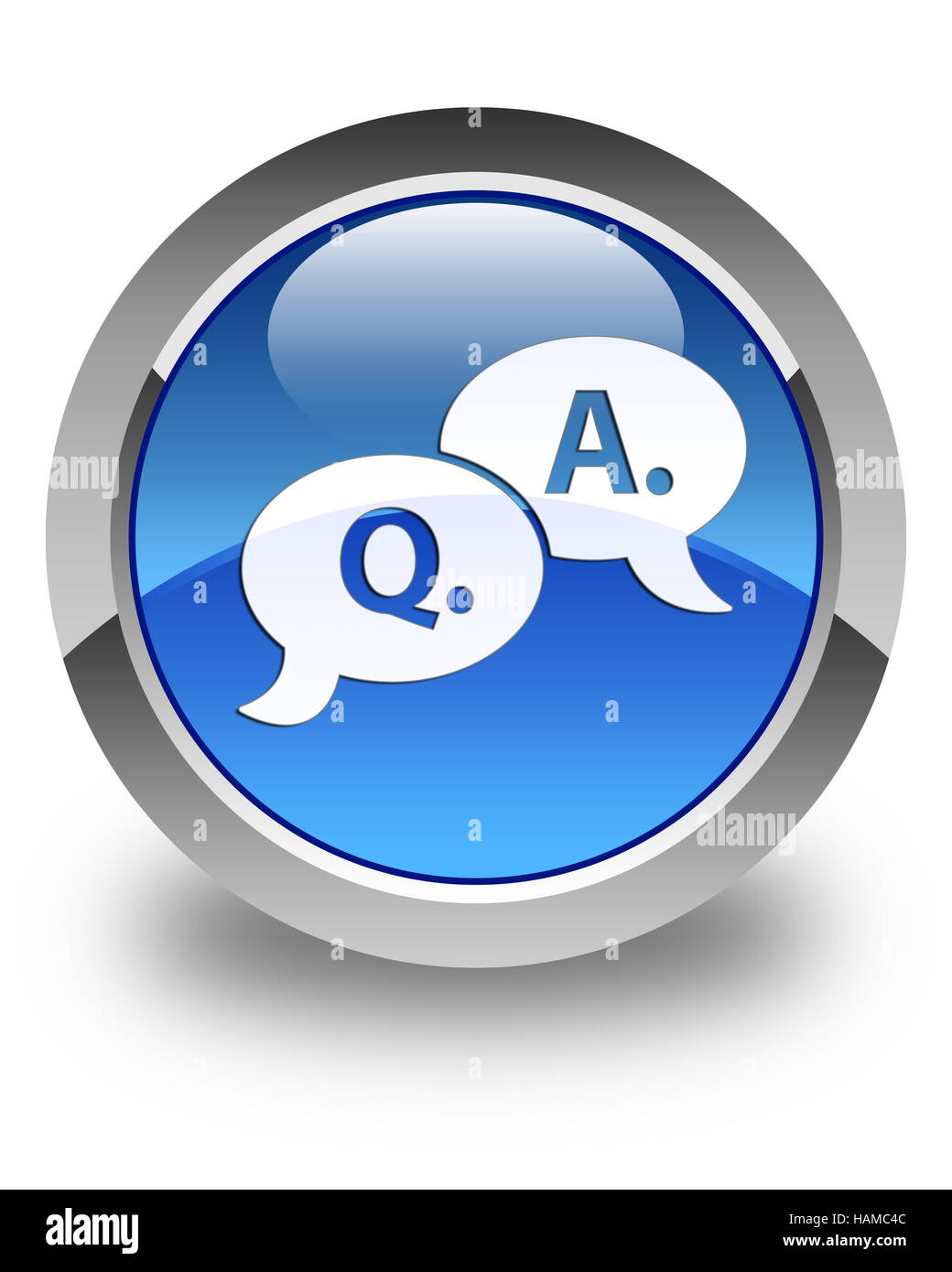 Question answer bubble icon isolated on glossy blue round button ...