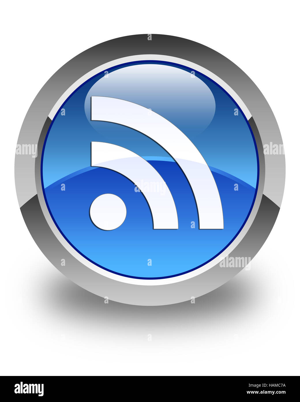 RSS icon isolated on glossy blue round button abstract illustration ...
