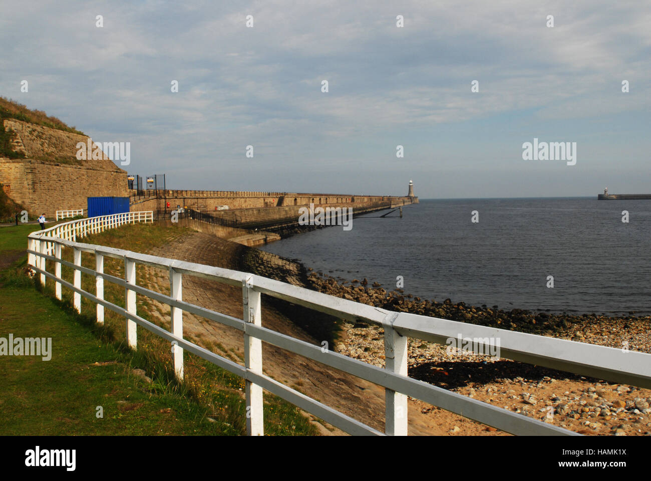 Seaside Pier View, white rail walk along the beach Stock Photo - Alamy