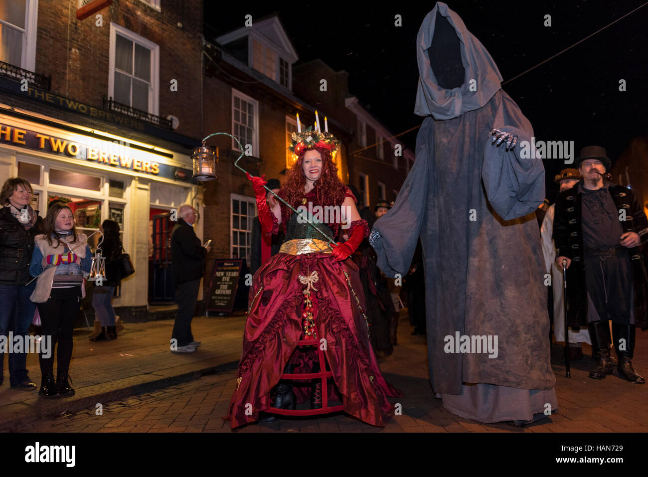 Rochester, UK. 3 December 2016. (L to R) The ghost of Christmas future ...