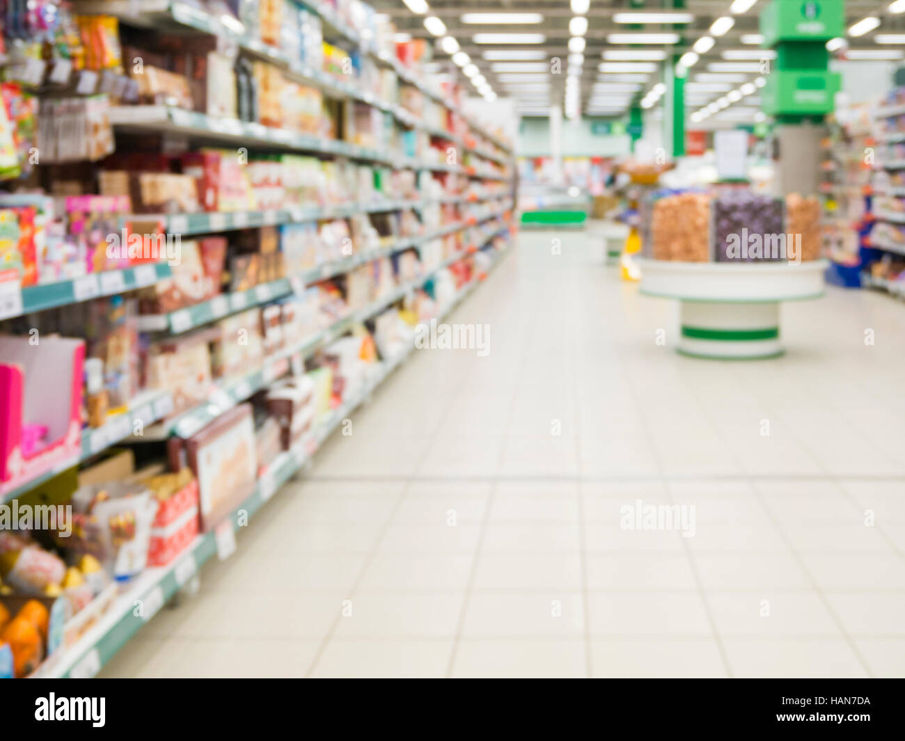 Abstract blurred supermarket aisle with colorful shelves as background ...