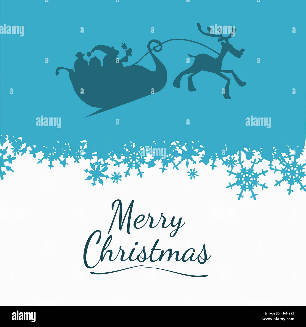 Santa and his sledge on a blue sky with snow background and the words ...