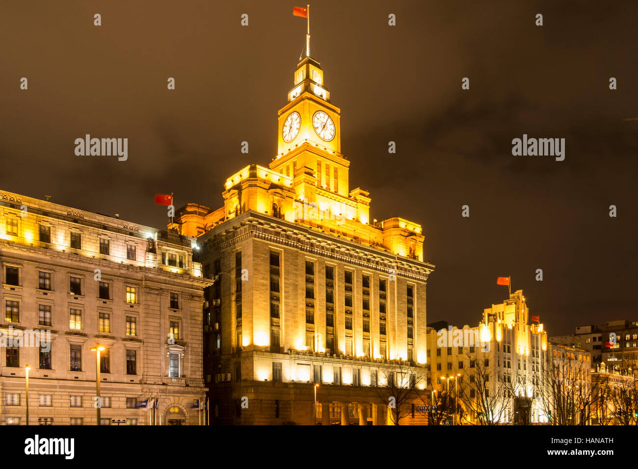 Shanghai Waitan night view with historic buildings over Huangpu River ...