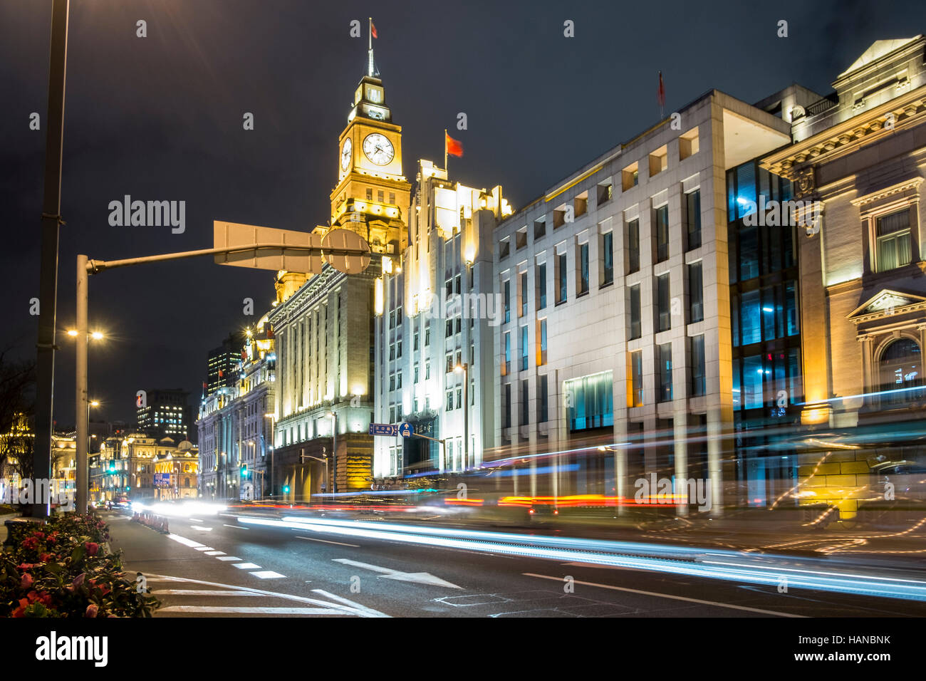 Shanghai Waitan night view with historic buildings over Huangpu River ...