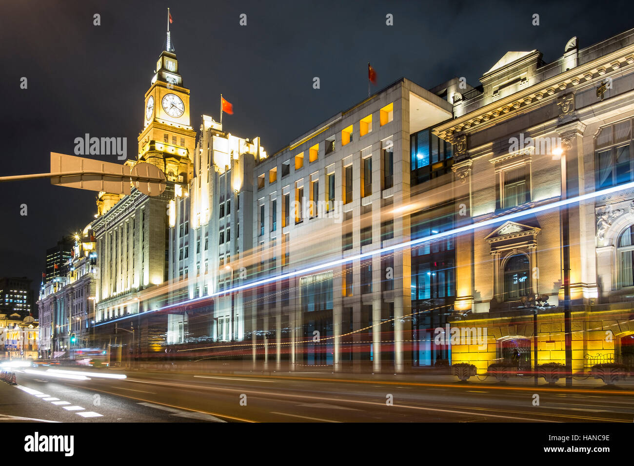 Shanghai Waitan night view with historic buildings over Huangpu River ...