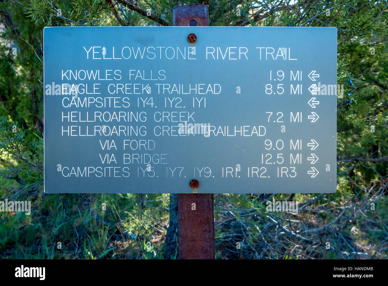 Yellowstone River Trail signage in the wilderness of the National park ...